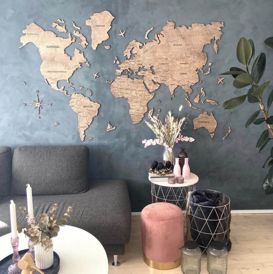 Wooden World Map in Living Rooms | Wood Map for Your Home